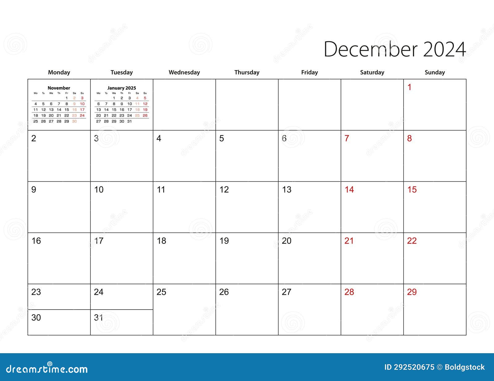 December 2024 Simple Calendar Planner, Week Starts from Monday Stock ...