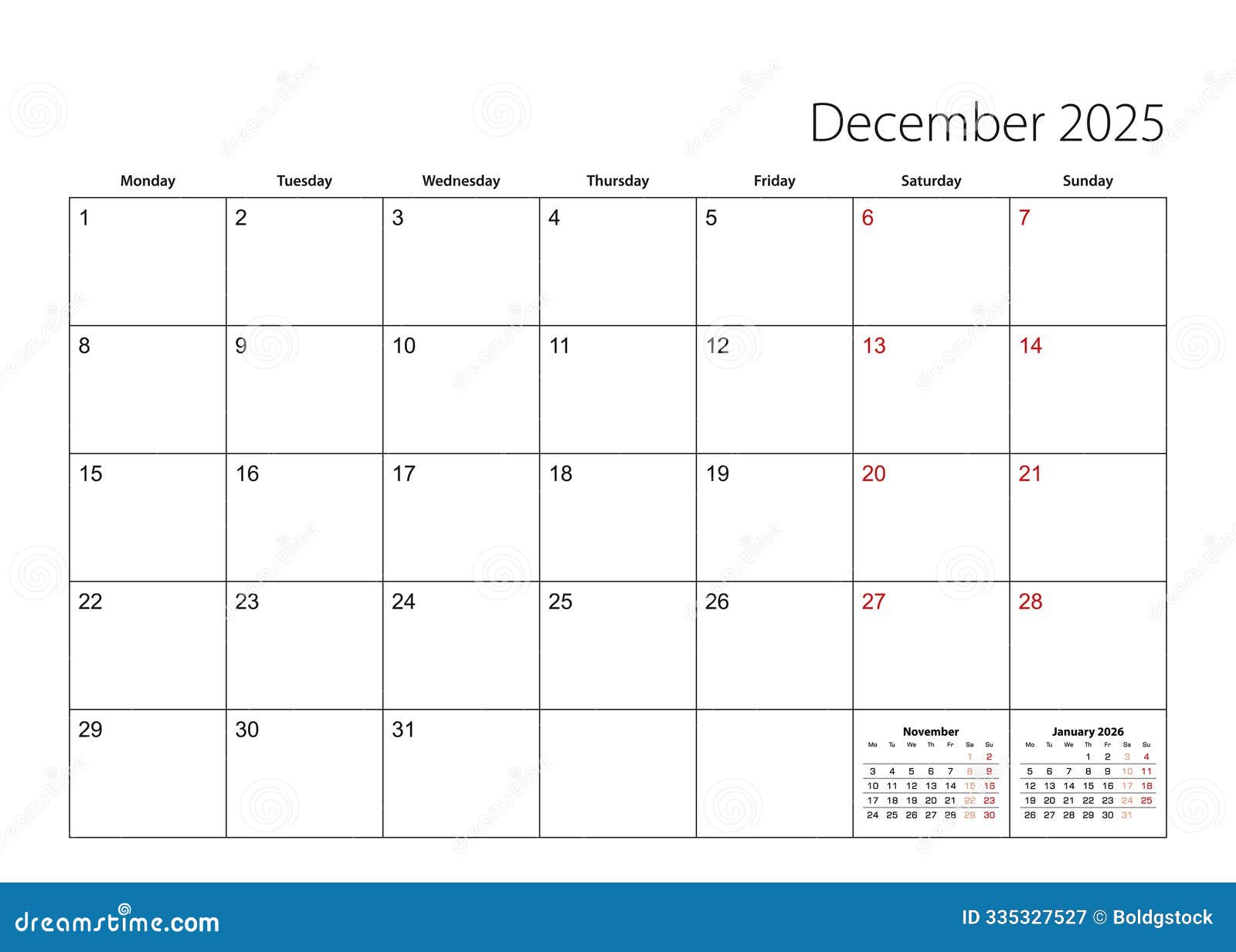 December 2025 Simple Calendar Planner, Week Starts from Monday Stock ...