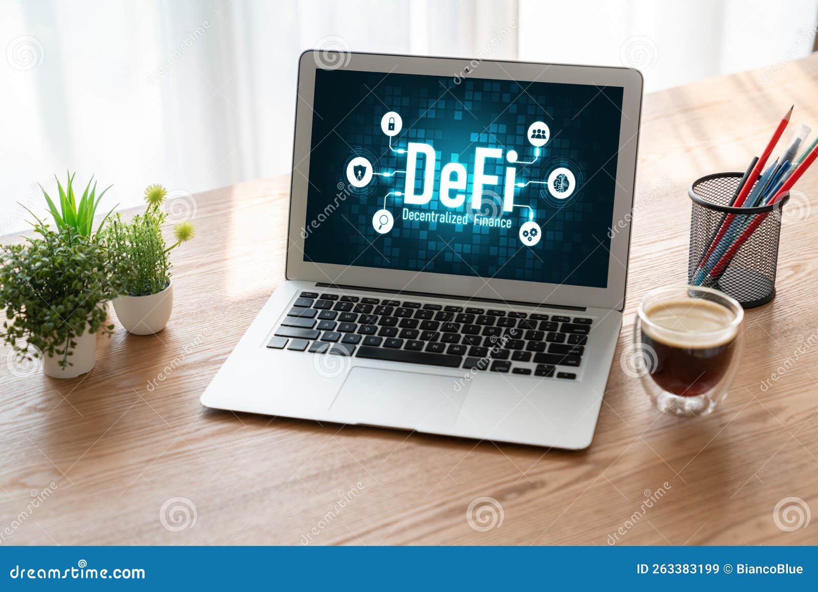 Decentralized Finance or DeFi Concept on Modish Computer Screen Stock Image - Image of protocol ...