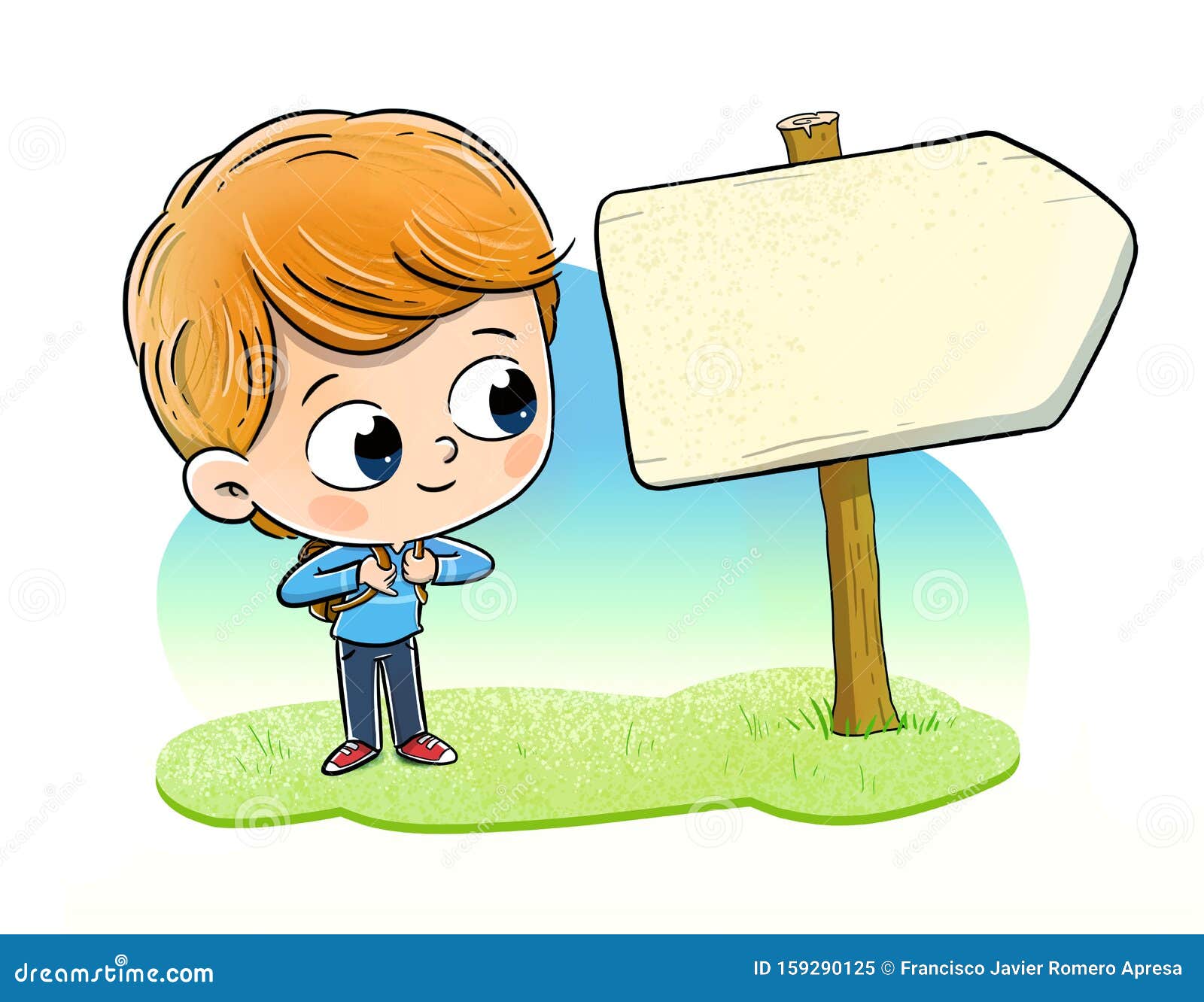 Boy with a Backpack Looking at a Direction Sign Stock Illustration ...
