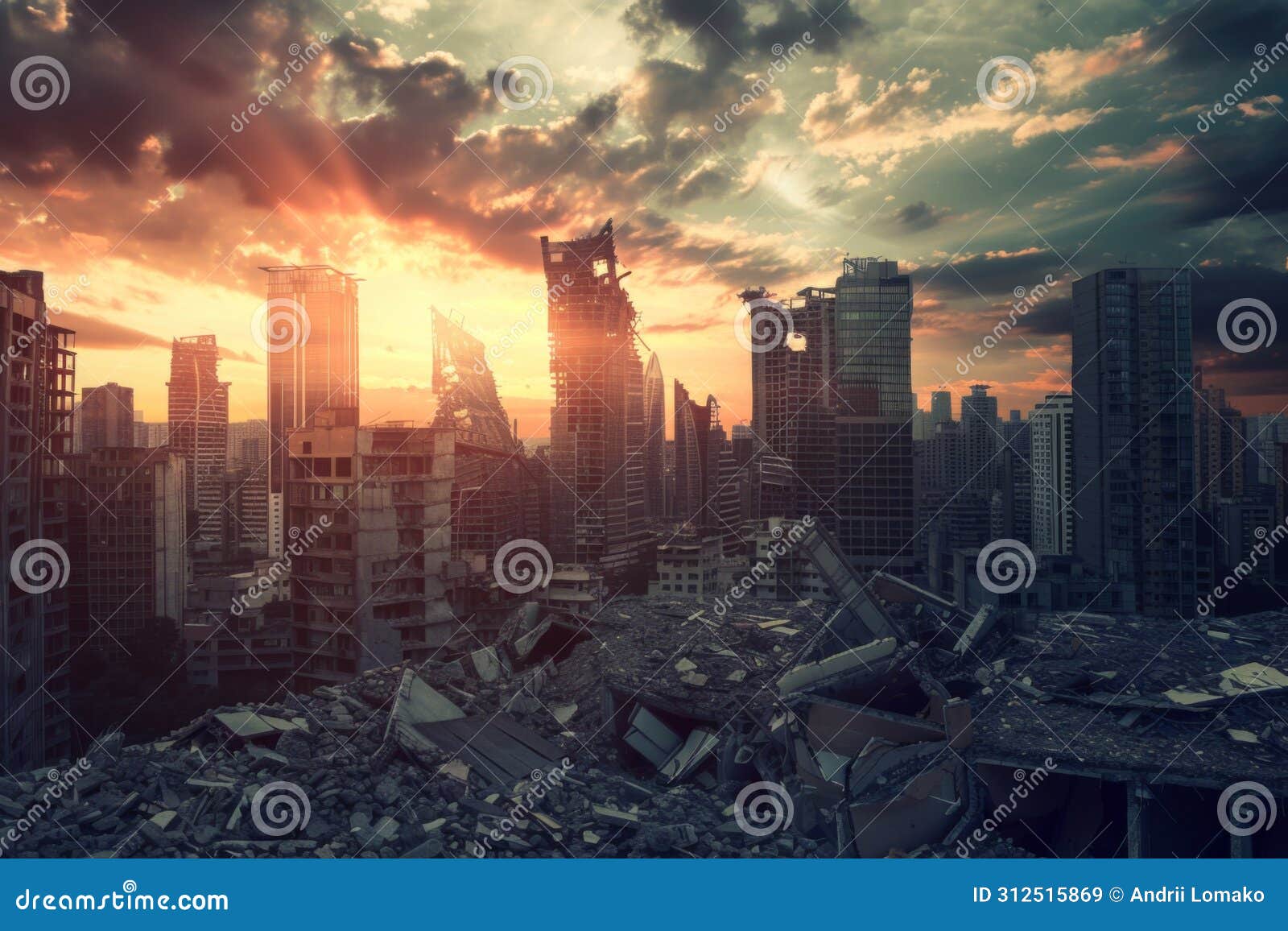 Decimated City Skyline with Rubble in Foreground Stock Image - Image of ...