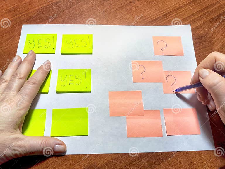 Decision-Making Process with Sticky Notes on Table. a Person is ...
