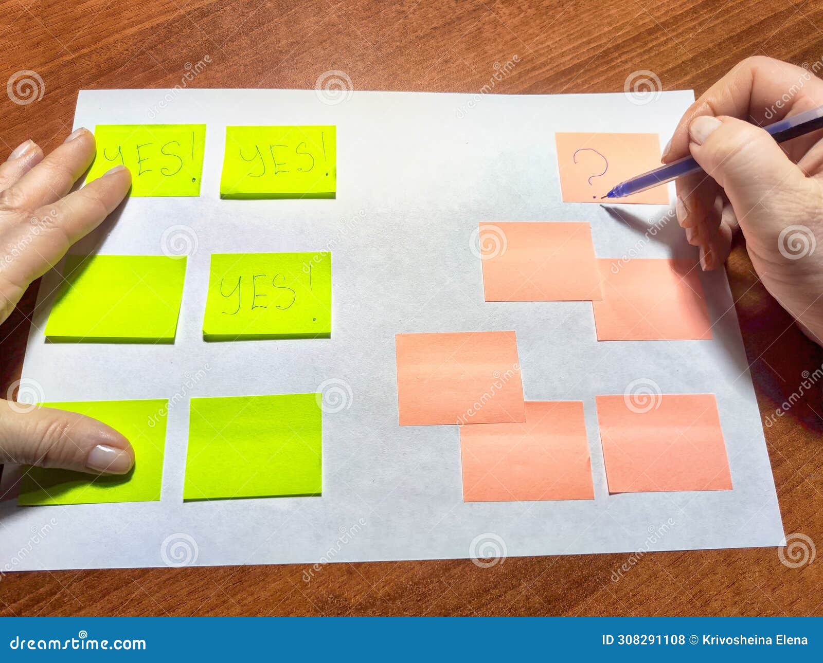 Decision-Making Process with Sticky Notes on Table. a Person is ...