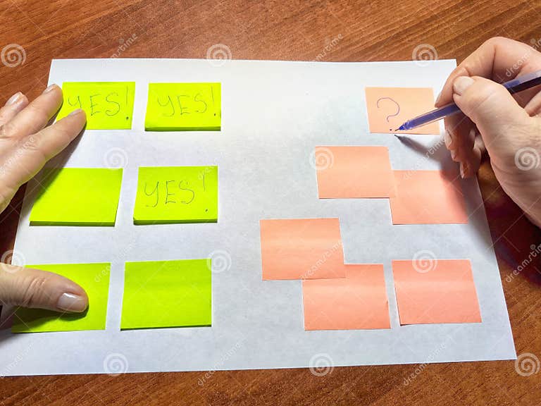 Decision-Making Process with Sticky Notes on Table. a Person is ...
