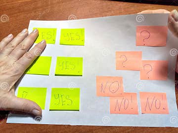 Decision-Making Process with Sticky Notes on Table. a Person is ...