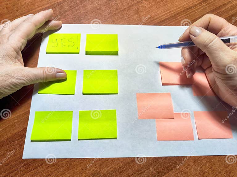 Decision-Making Process with Sticky Notes on Table. a Person is ...