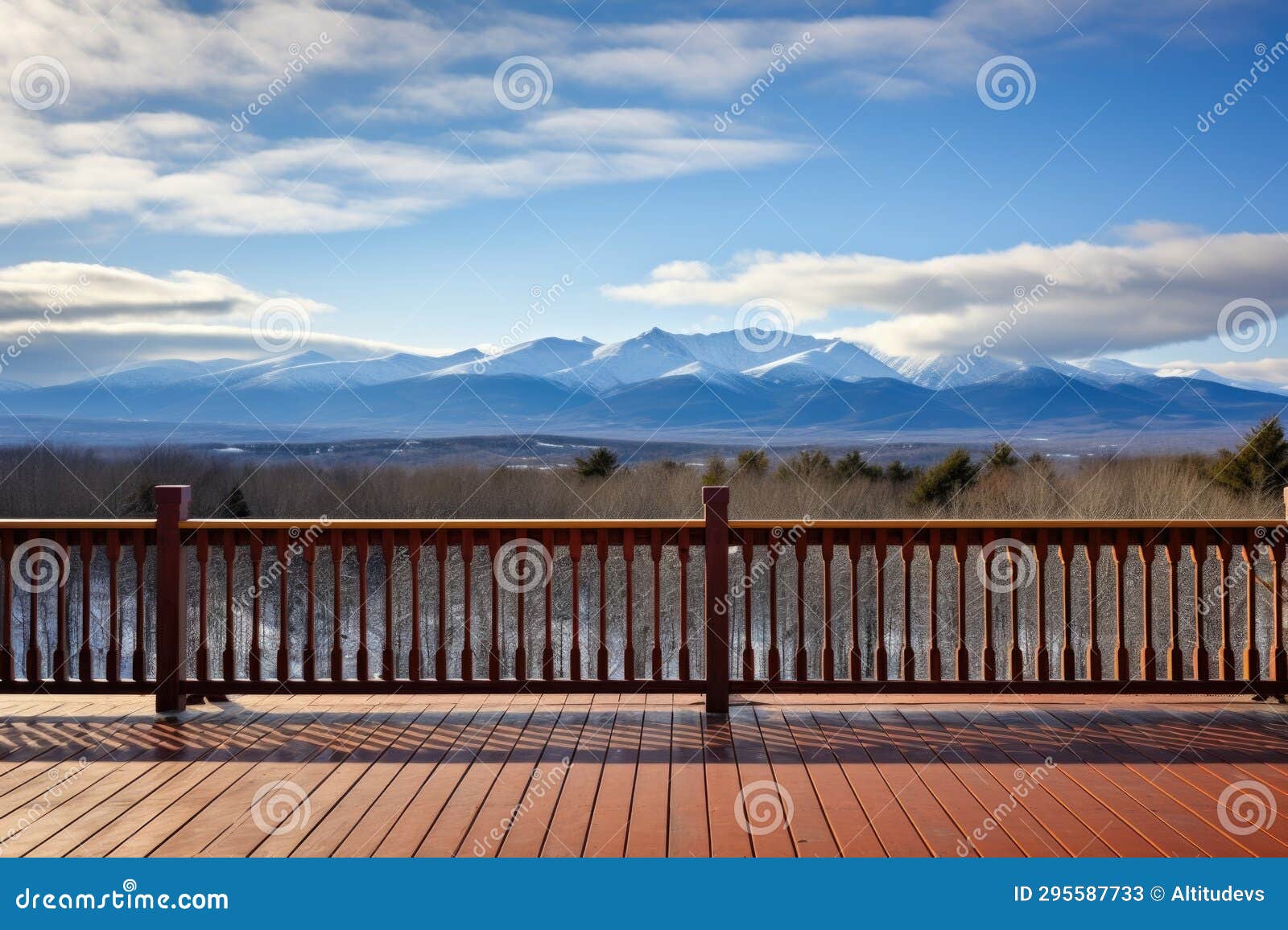 A Deck with Carved Railings and a Panoramic Mountain View Stock Image ...