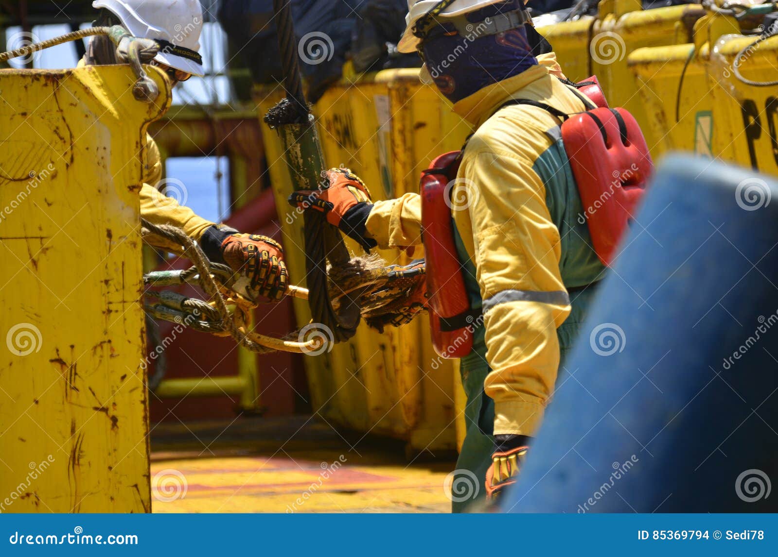 Deck Crew Move Basket With Crane. Supply Boat Transfer Cargo To Oil And ...