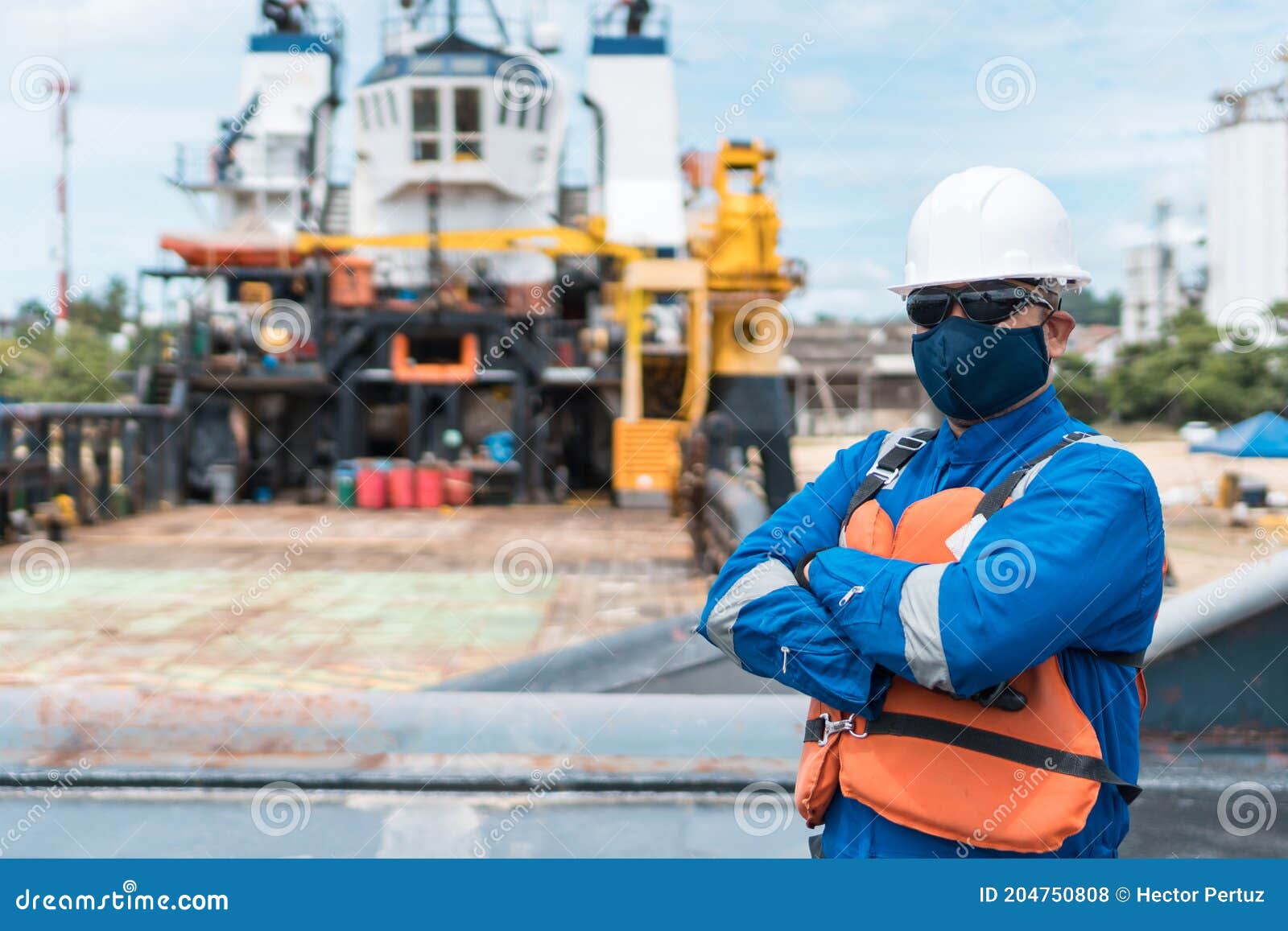Deck Officer with Protective Mask on Ship Deck, with PPE Personal ...