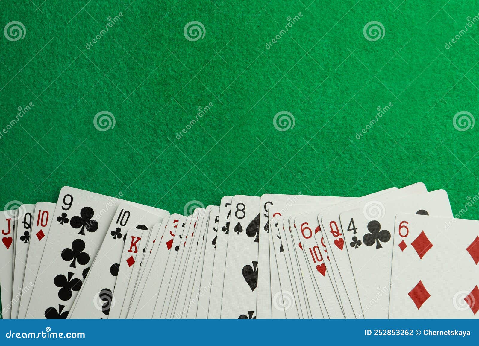 Deck of Playing Cards on Green Table, Top View. Space for Text Stock ...