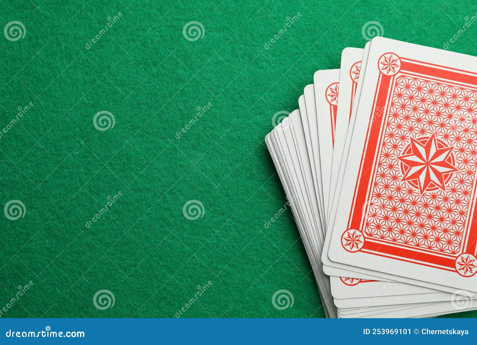 Deck of Playing Cards on Green Table, Top View. Space for Text Stock ...