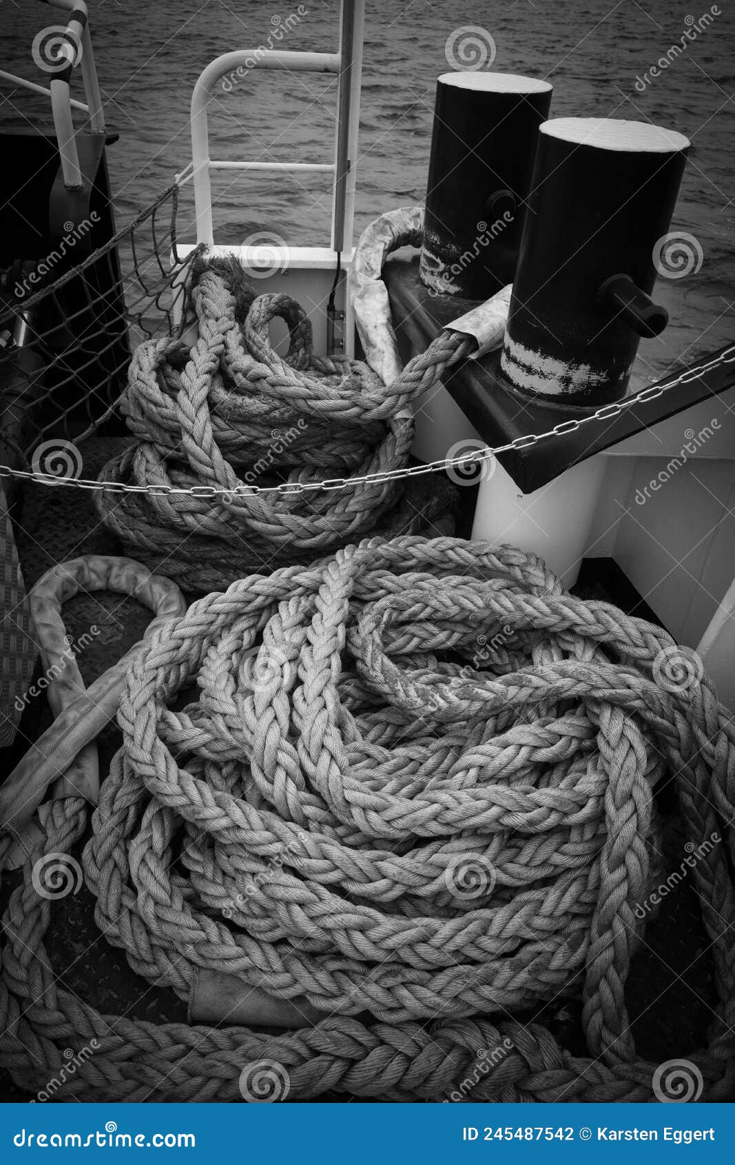 On the Deck of a Ship Lie Long Ropes for Mooring the Ship Stock Photo ...