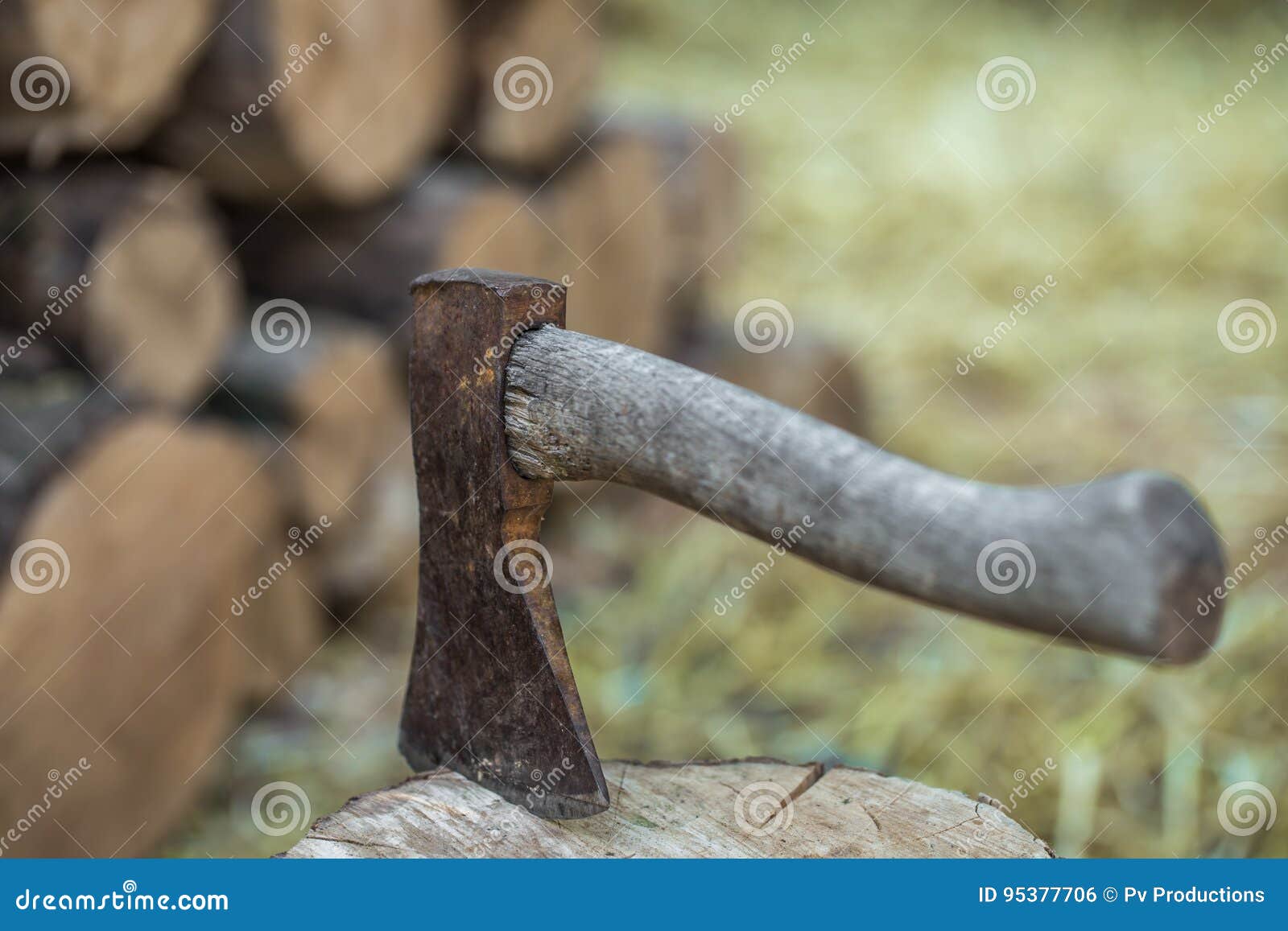 A Deck of Stacked Logs and an Axe Stock Photo - Image of block, froe ...
