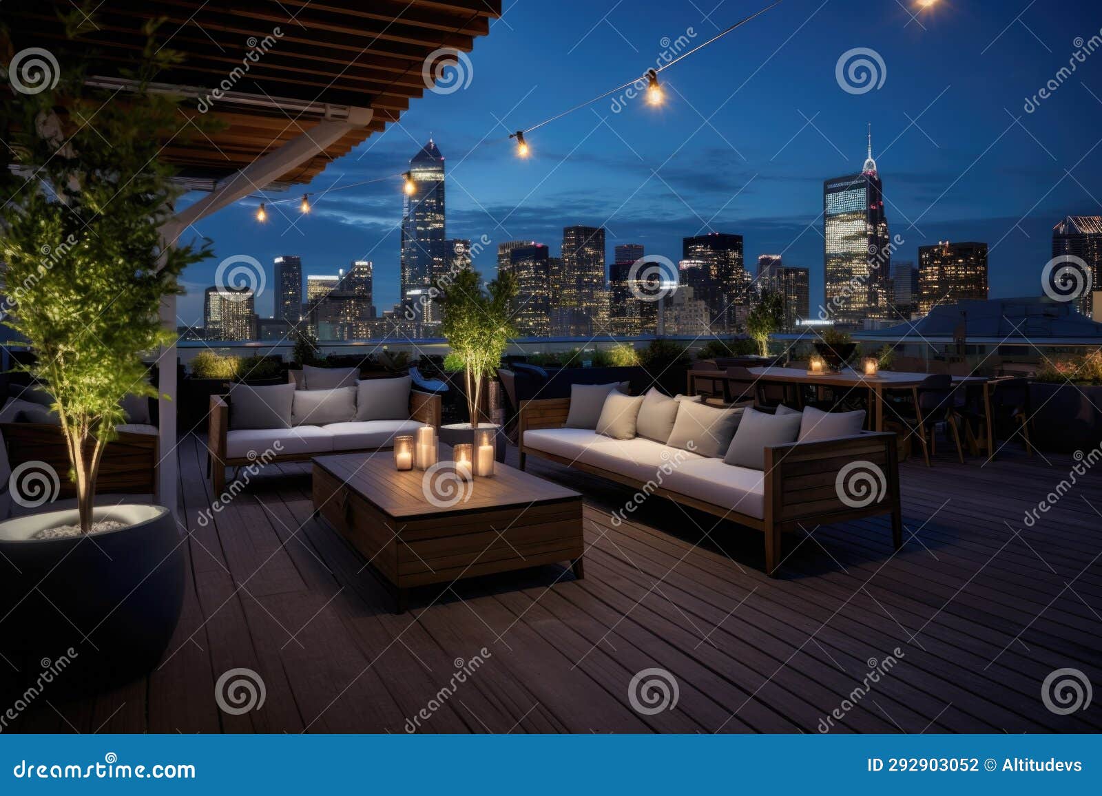 Rooftop Lounge Featuring Fire Pits And Cityscape Views Stock ...