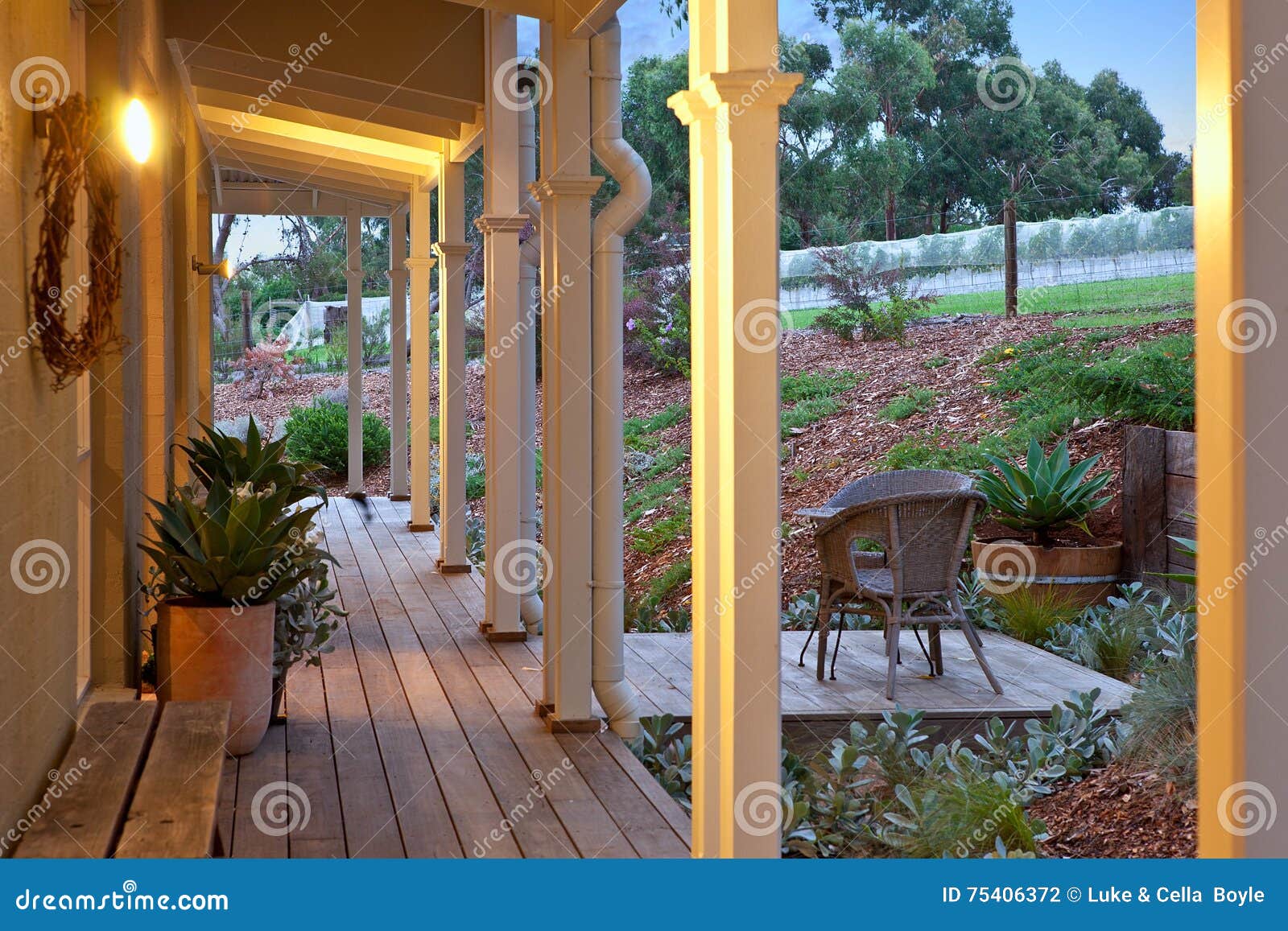 Decked verandah with light stock photo. Image of front - 75406372