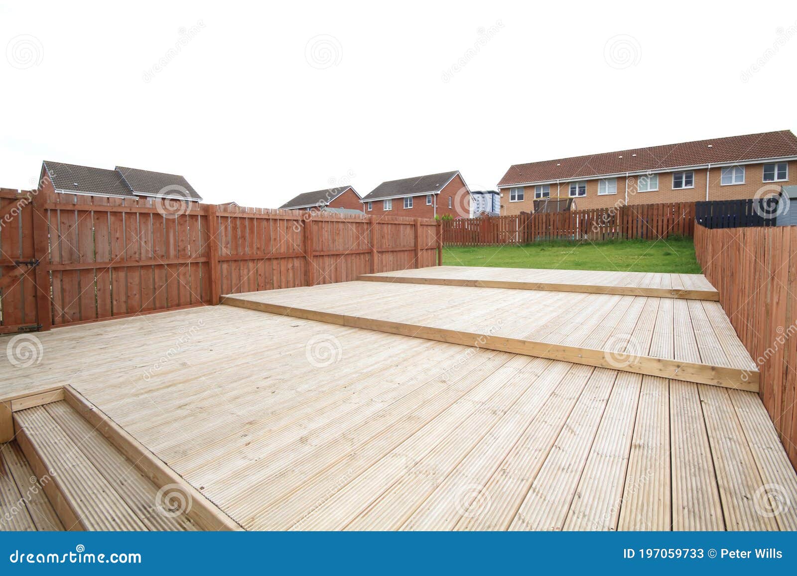 Side View of Wooden Decking in the Garden Stock Image - Image of lawn ...