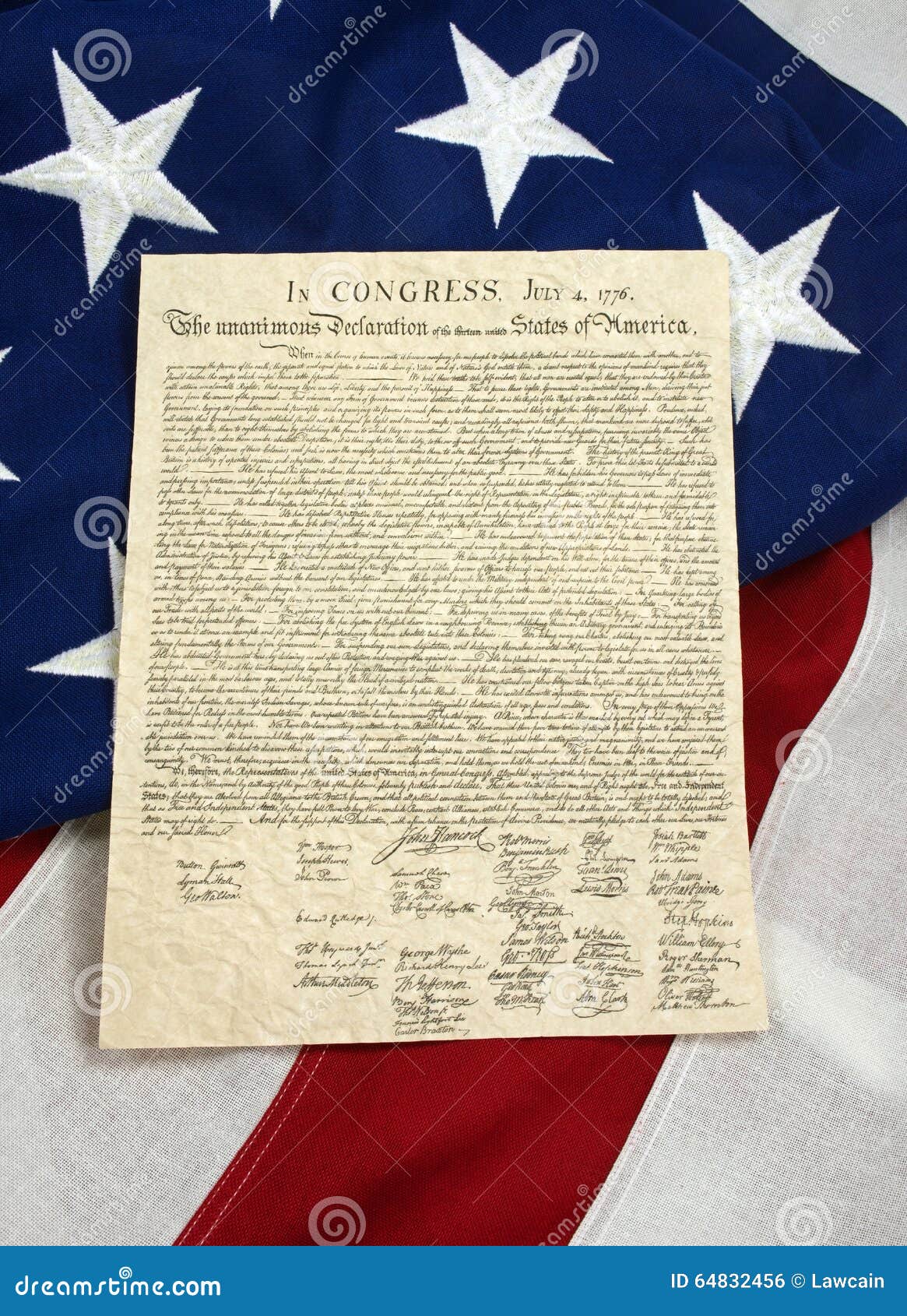 Declaration of Independence on American Flag, Vertical Stock Photo ...