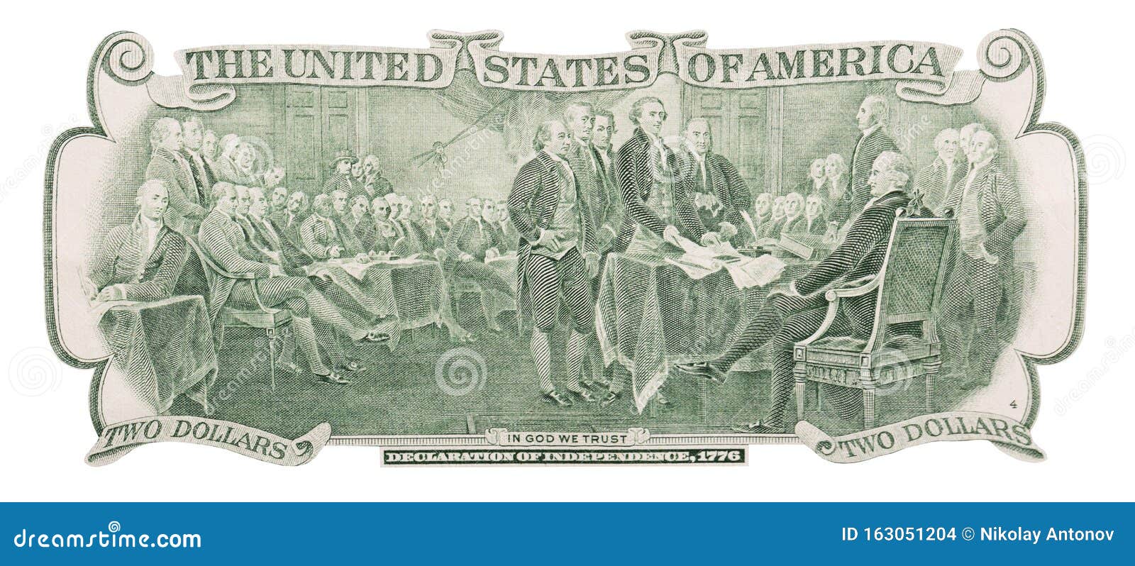 Declaration of Independence, 1776 on the Back of a Two Dollar Banknote ...