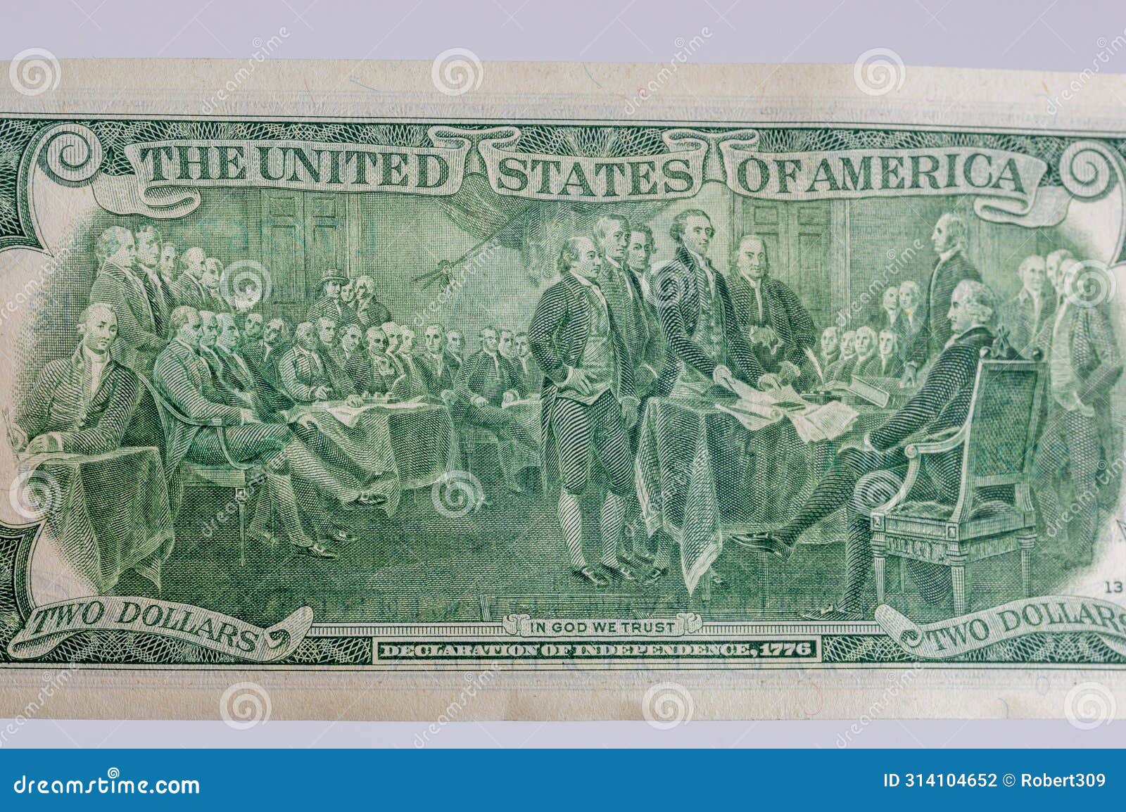 Declaration of Independence by John Trumbull on 2 US Dollars Bill Stock ...