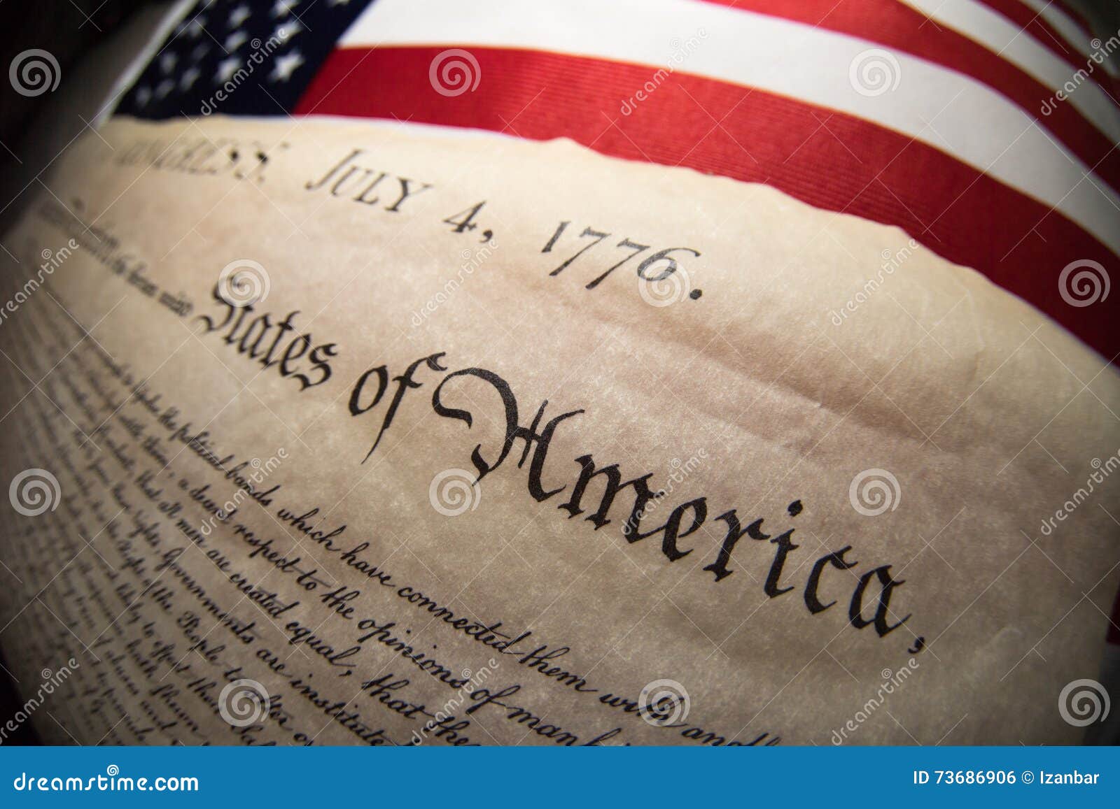 Declaration of Independence 4th July 1776 on Usa Flag Stock Photo ...