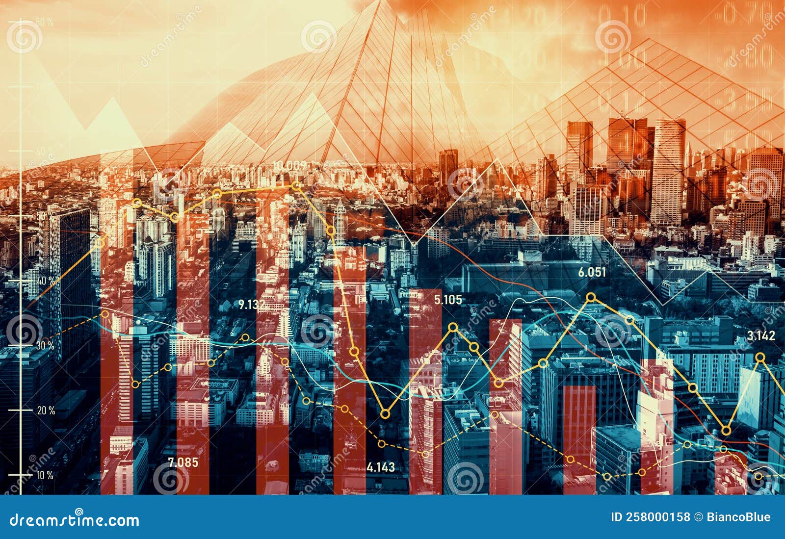 Declining Graphs and Digital Indicators Overlap Modernistic City ...
