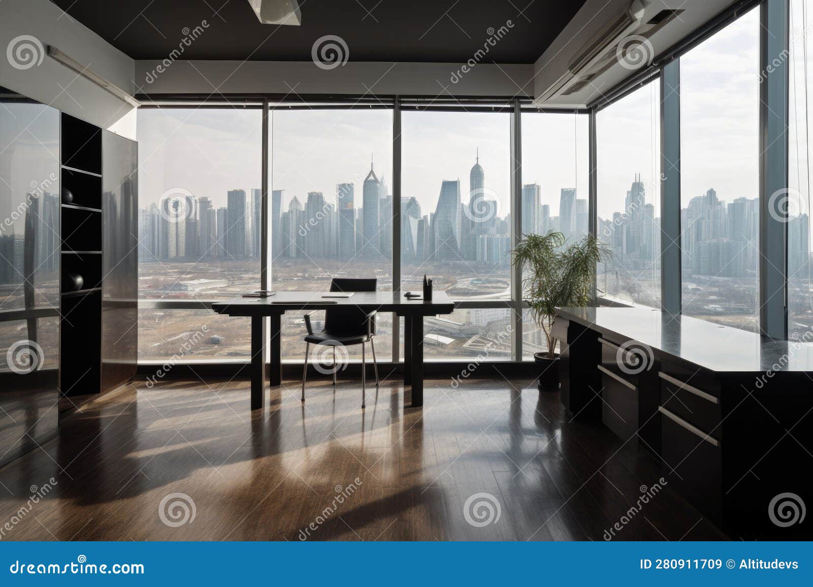 Decluttered Office with Clear View of the City Skyline Stock Image ...
