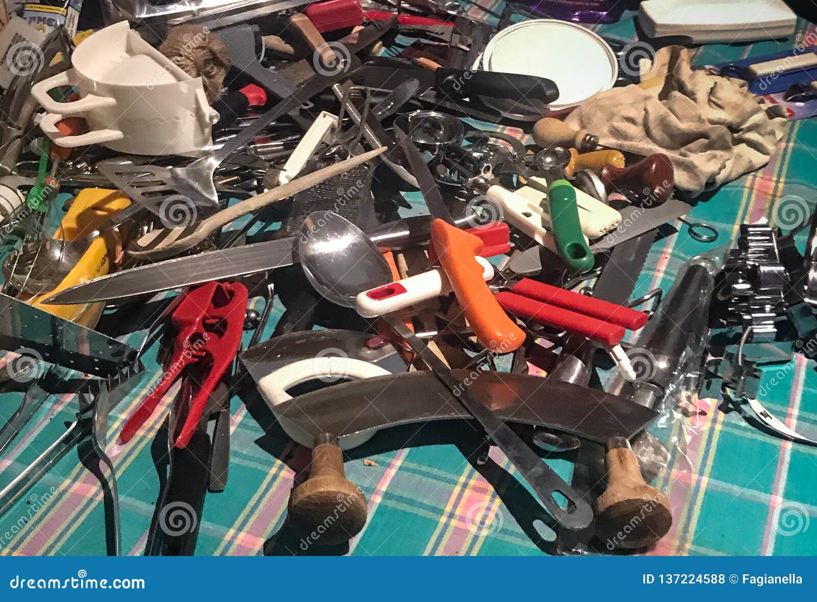 Decluttering a Messy Drawer: Cutlery and Kitchenware Stock Photo ...