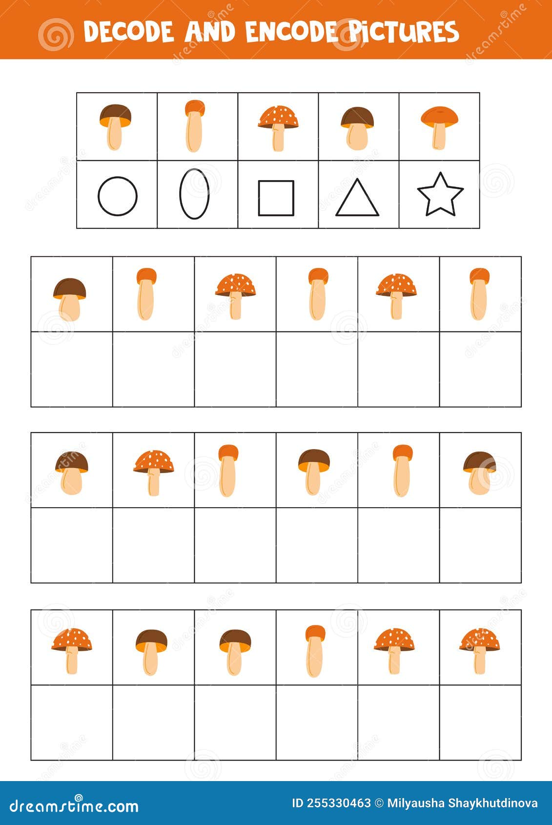 Decode and Encode Pictures. Write the Symbols Under Cute Mushrooms ...