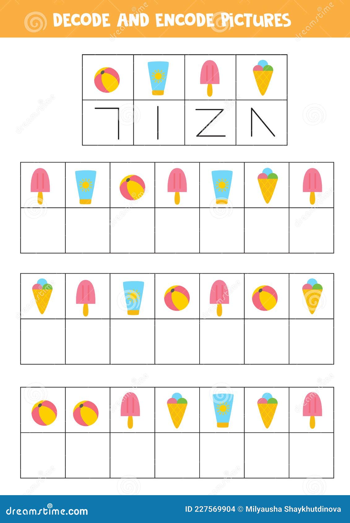 Decode and Encode Pictures. Write the Symbols Under Cute Summer Objects ...