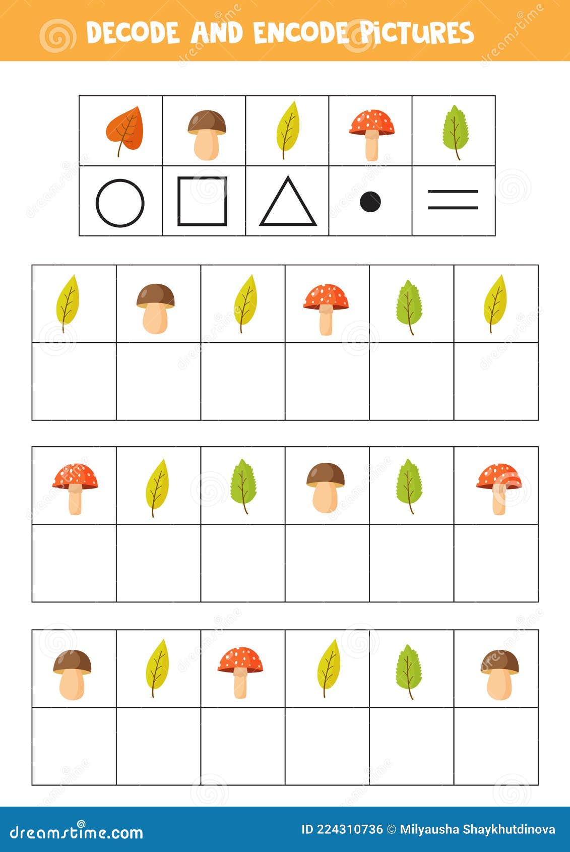 Decode and Encode Pictures. Write the Symbols Under Cute Autumn Leaves ...