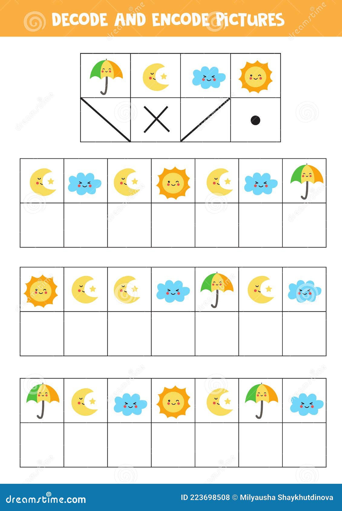 Decode And Encode Pictures. Write The Symbols Under Pictures. Vector ...