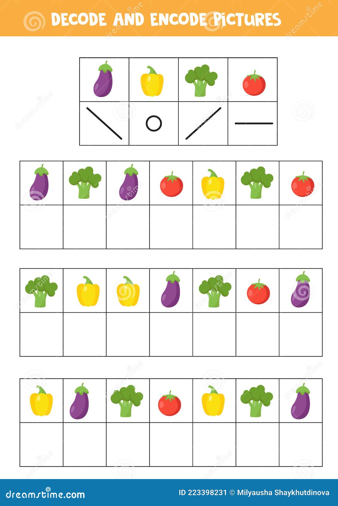 Decode and Encode Pictures. Write the Symbols Under Pictures. Stock ...