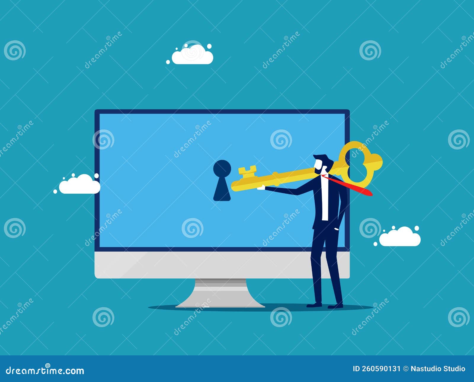 Decode Or Unlock. Businessman Holding A Key To Unlock A Laptop Cartoon ...