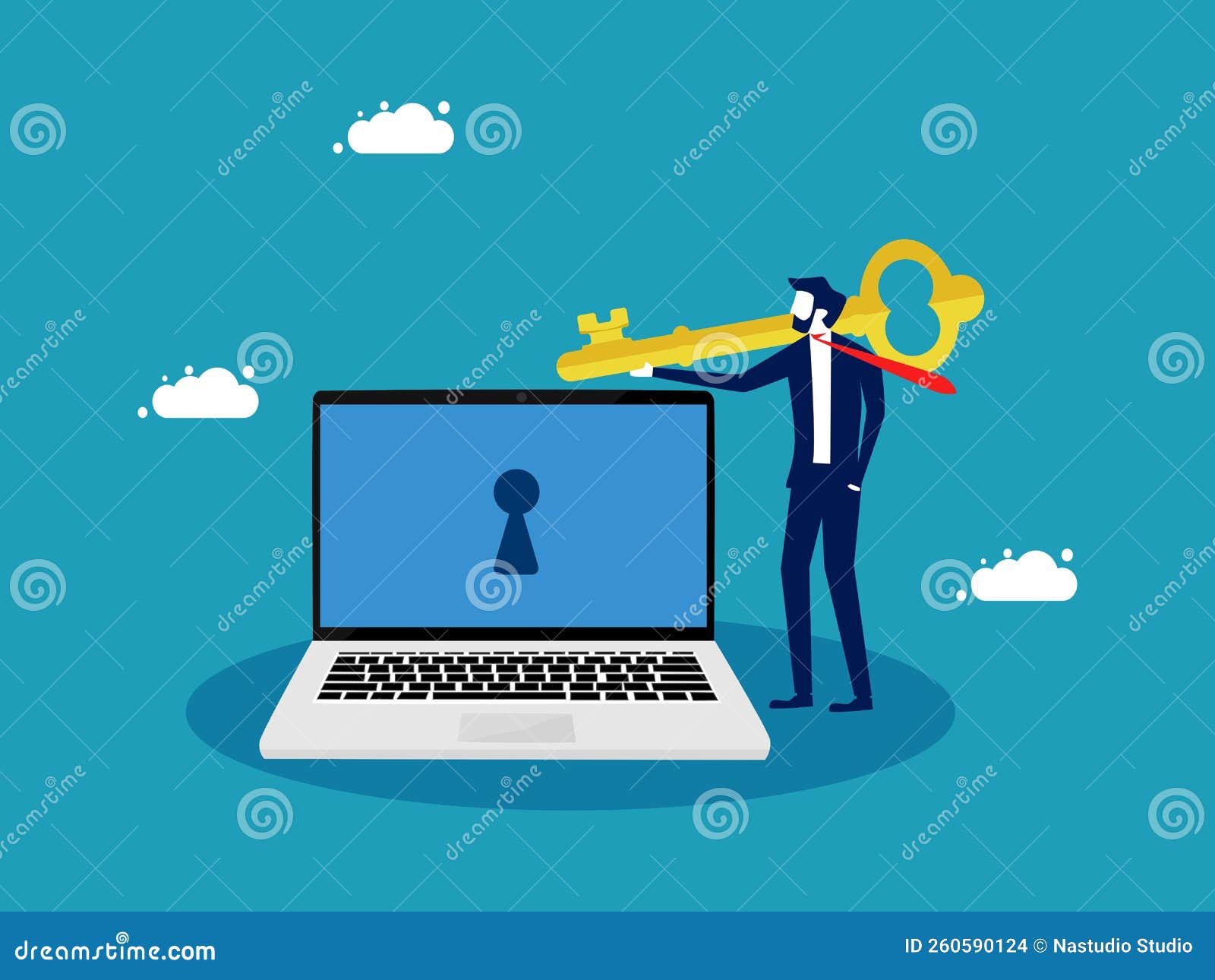 Decode Or Unlock. Businessman Holding A Key To Unlock A Laptop Cartoon ...