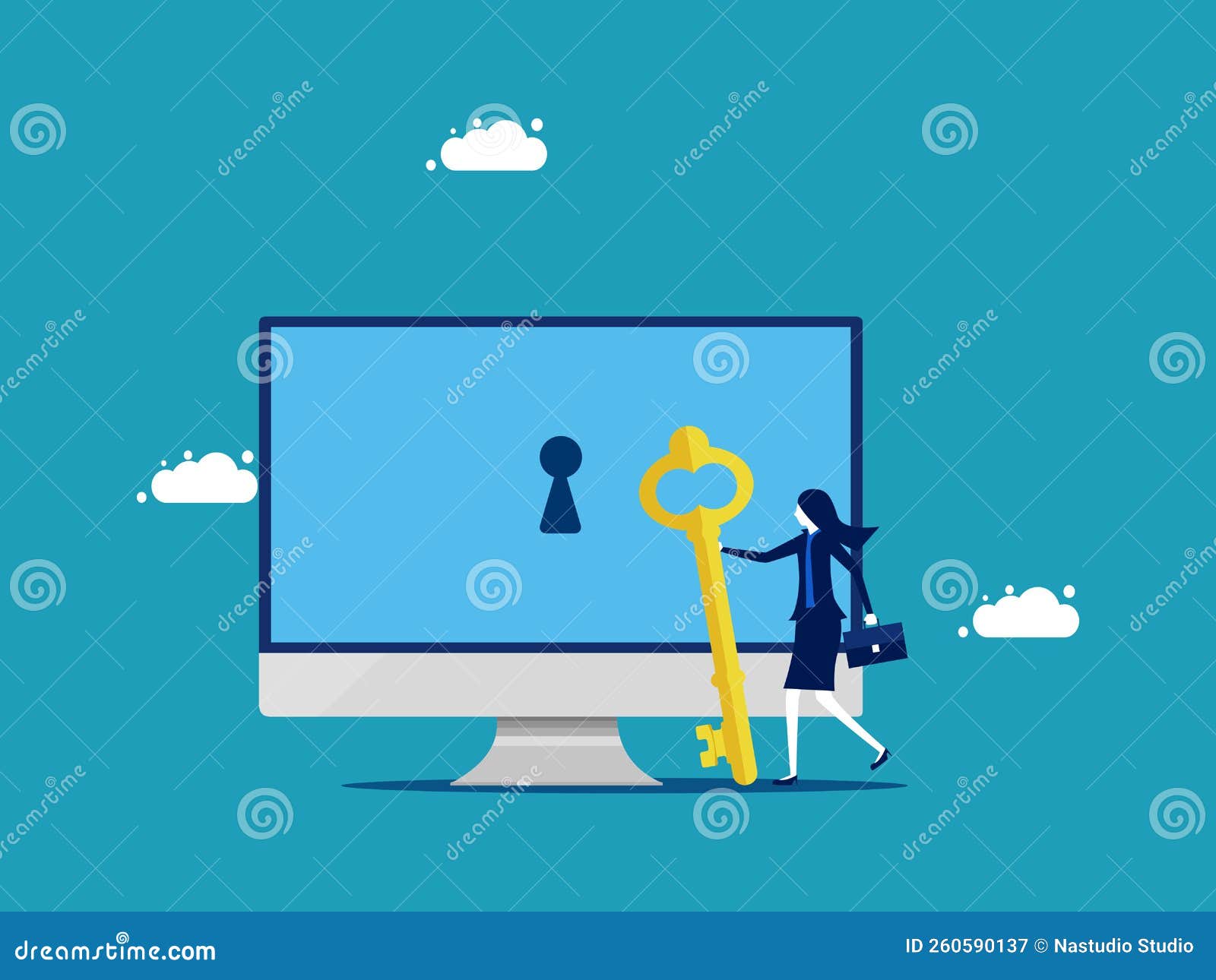 Decode or Unlock. Businesswoman Holding a Key To Unlock a Computer ...