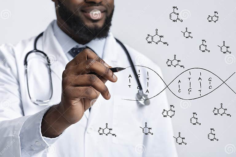 Decoding Human Genome. Black Male Doctor Drawing DNA Molecule on ...