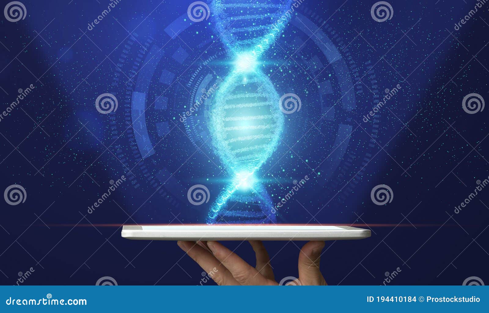 Decoding Human Genome. Male Hand Holding Tablet Computer with DNA Helix ...