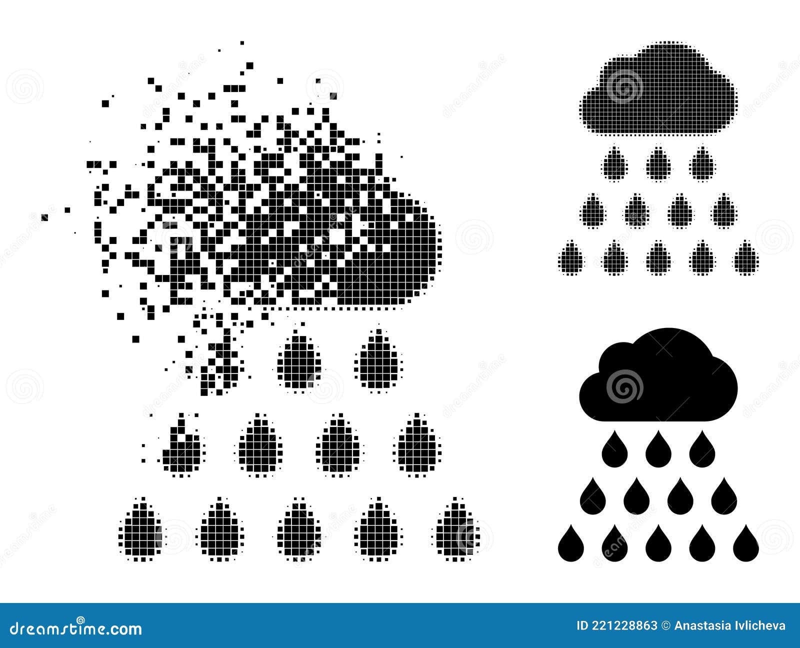 Decomposed and Halftone Pixel Rain Cloud Icon Stock Vector ...