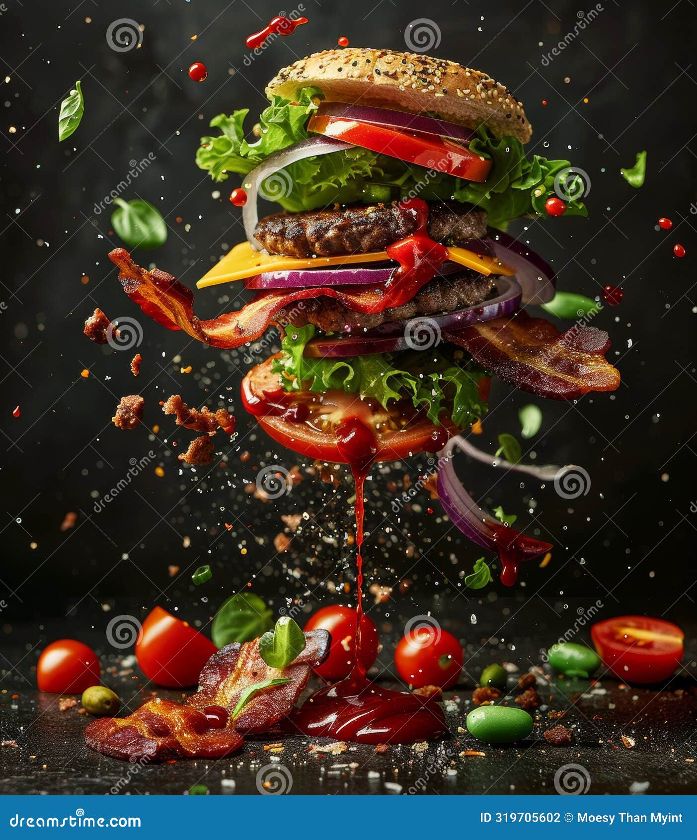 Deconstructed Bacon Burger Explosion with Floating Ingredients Stock ...