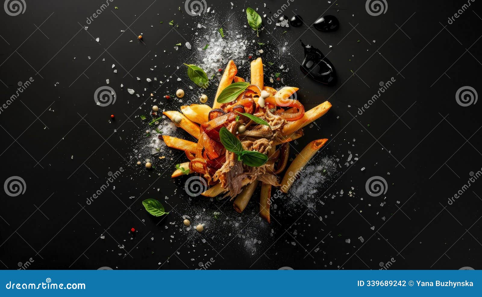Deconstructed Duck Confit Poutine Centered Against a Black Background ...