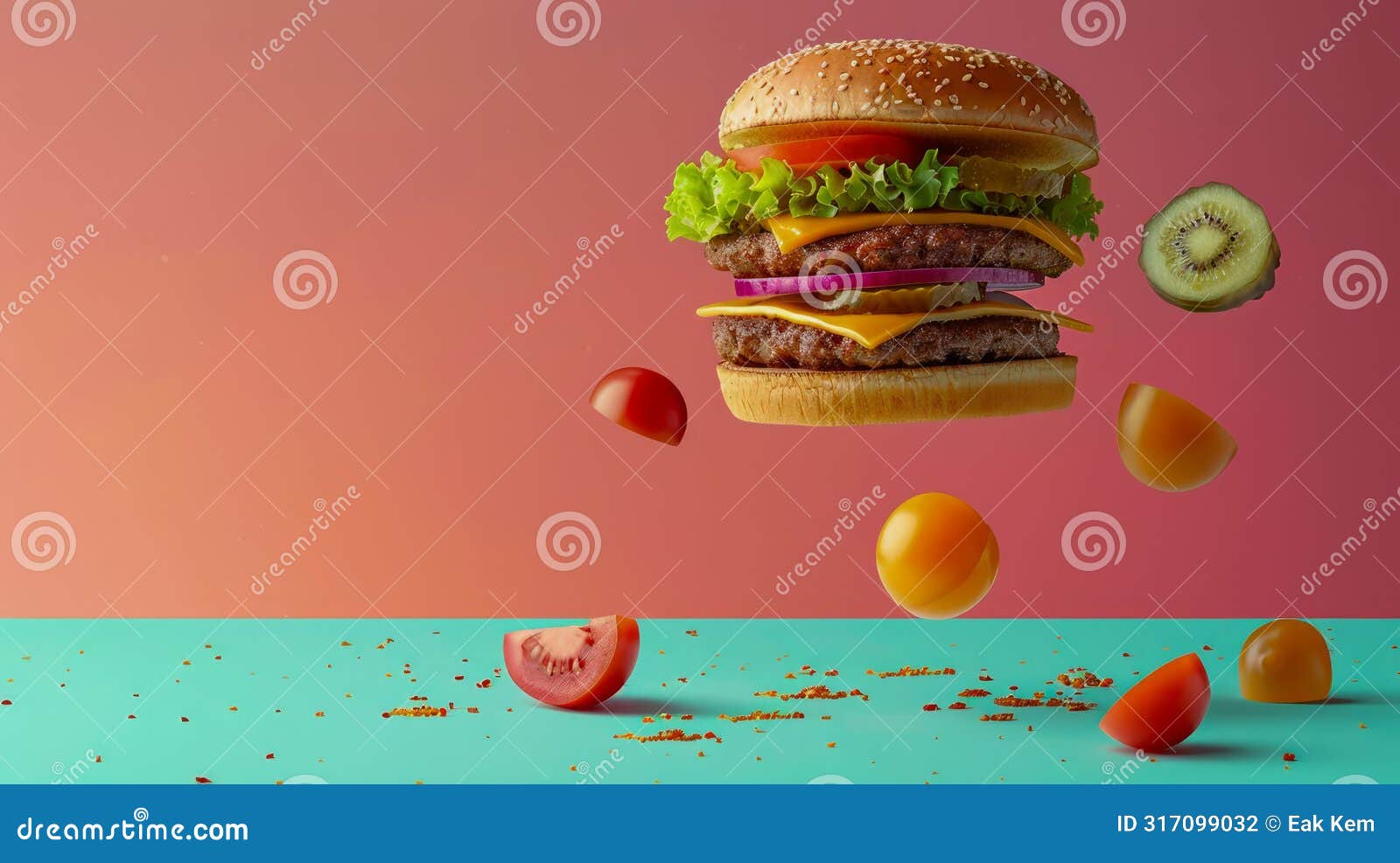 Deconstructed Floating Hamburger with Fresh Ingredients on a Colorful ...