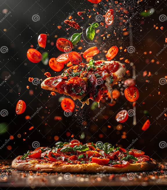 Deconstructed Pepperoni Pizza Explosion with Floating Ingredients Stock ...