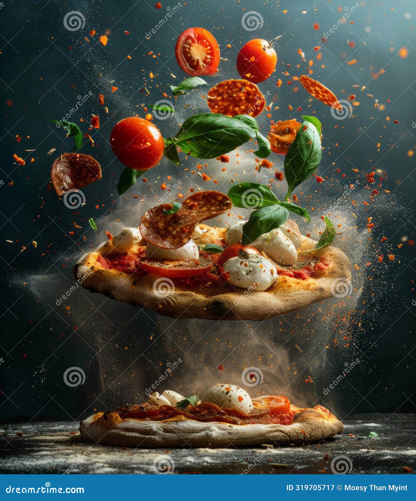 Deconstructed Pepperoni Pizza Explosion With Floating Ingredients ...