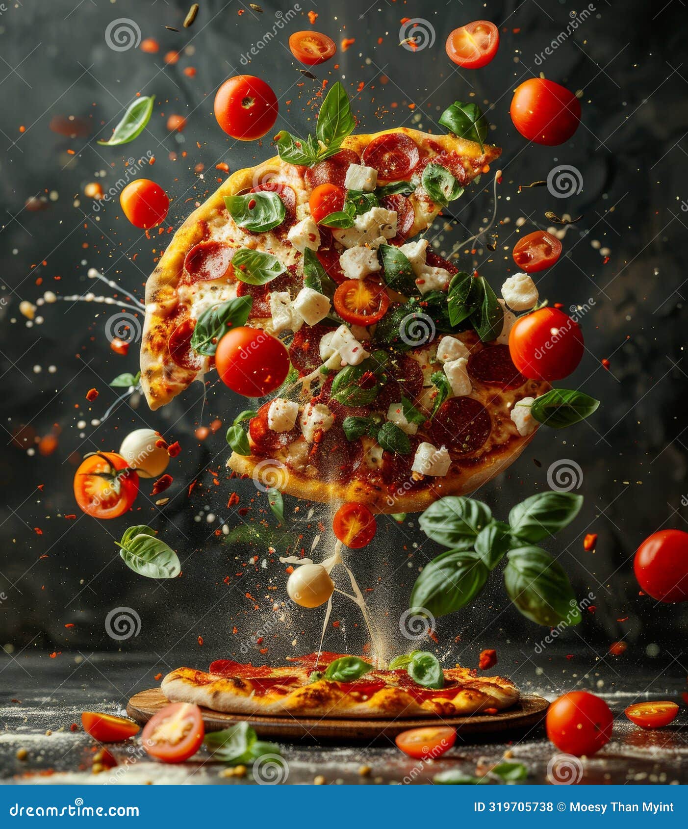 Deconstructed Pepperoni Pizza Explosion With Floating Ingredients ...