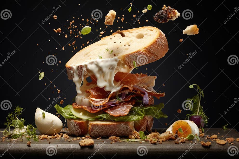 A Deconstructed Sandwich with Ingredients Floating Above Bread Stock ...