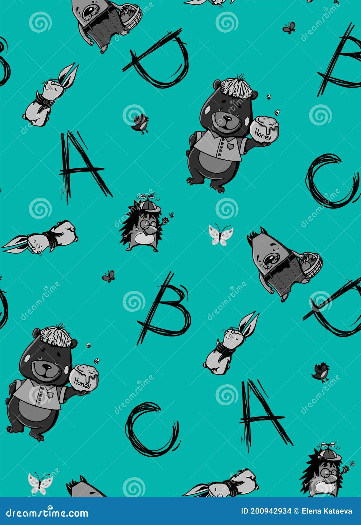 Decor Elements Set with Cute Cartoon Animals and Letters on a Turquoise ...