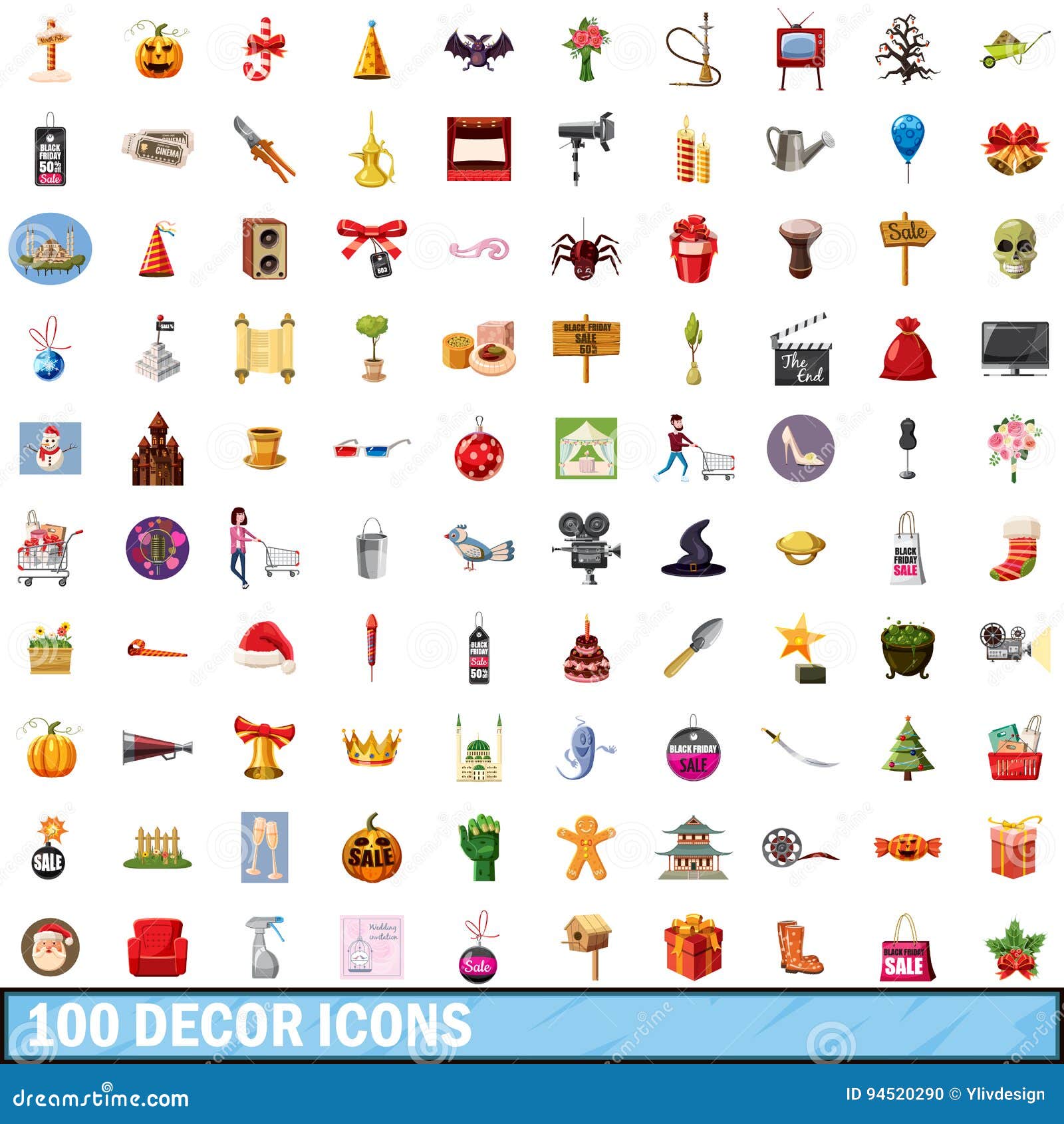 100 Decor Icons Set, Cartoon Style Stock Vector - Illustration of bench ...