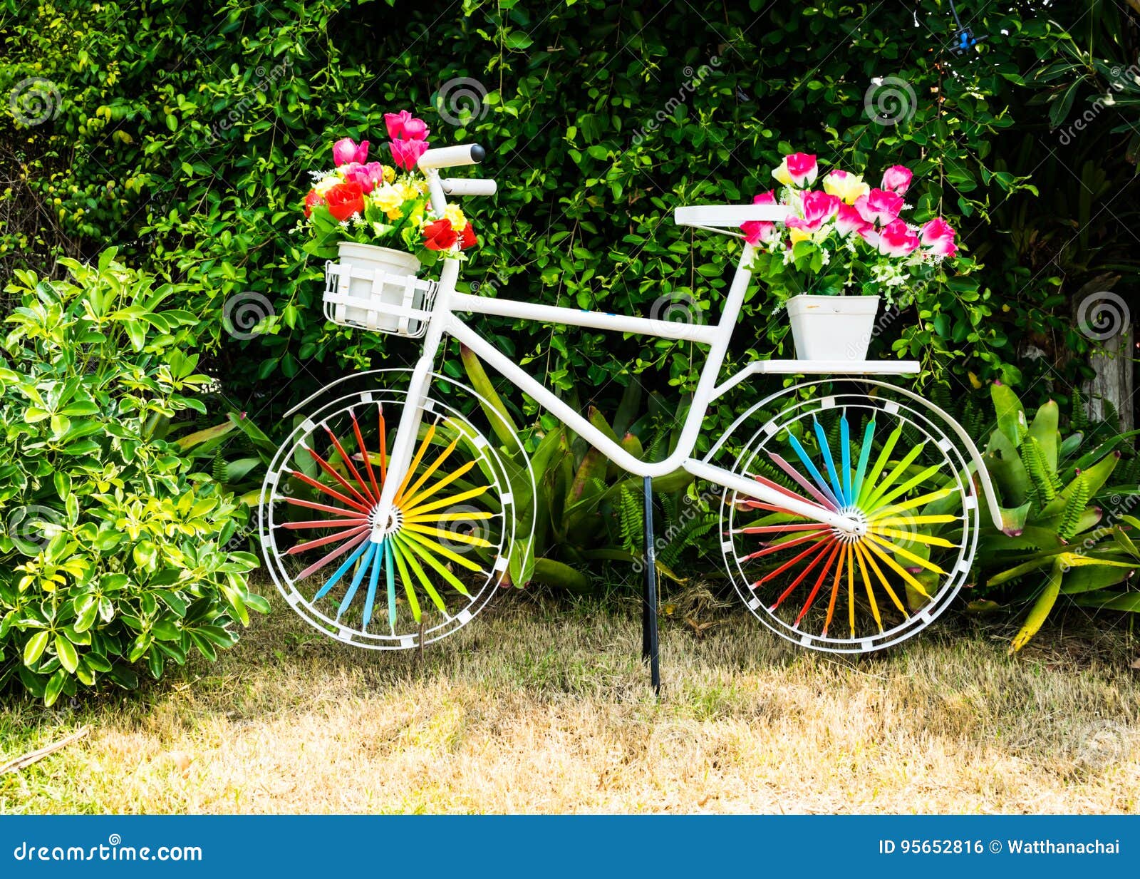 Decorate Bicycle with Plastic Flower. Stock Photo - Image of outdoor ...