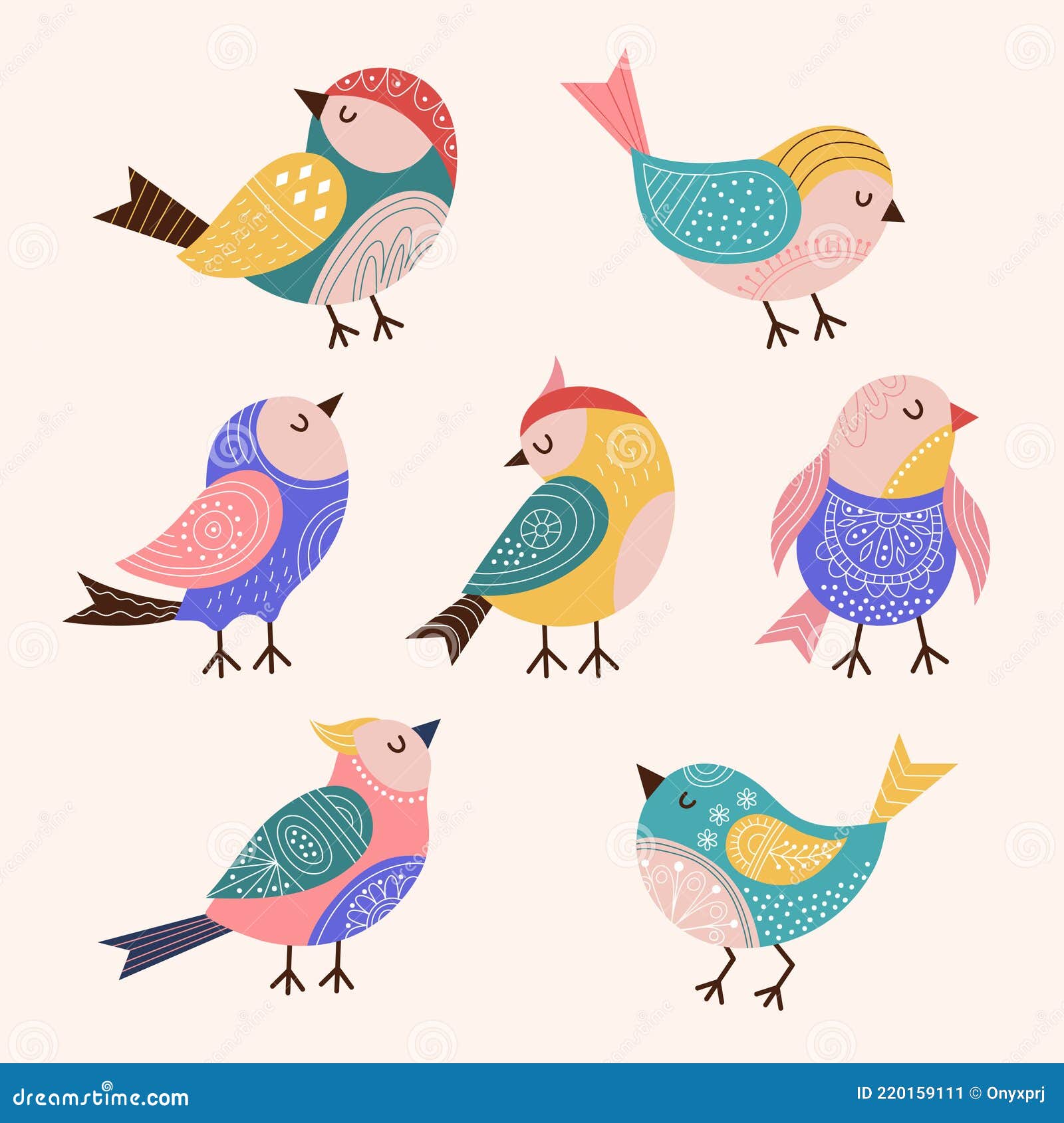 Decorated Birds. Trendy Stylized Colored Flying Birds with Folk and ...