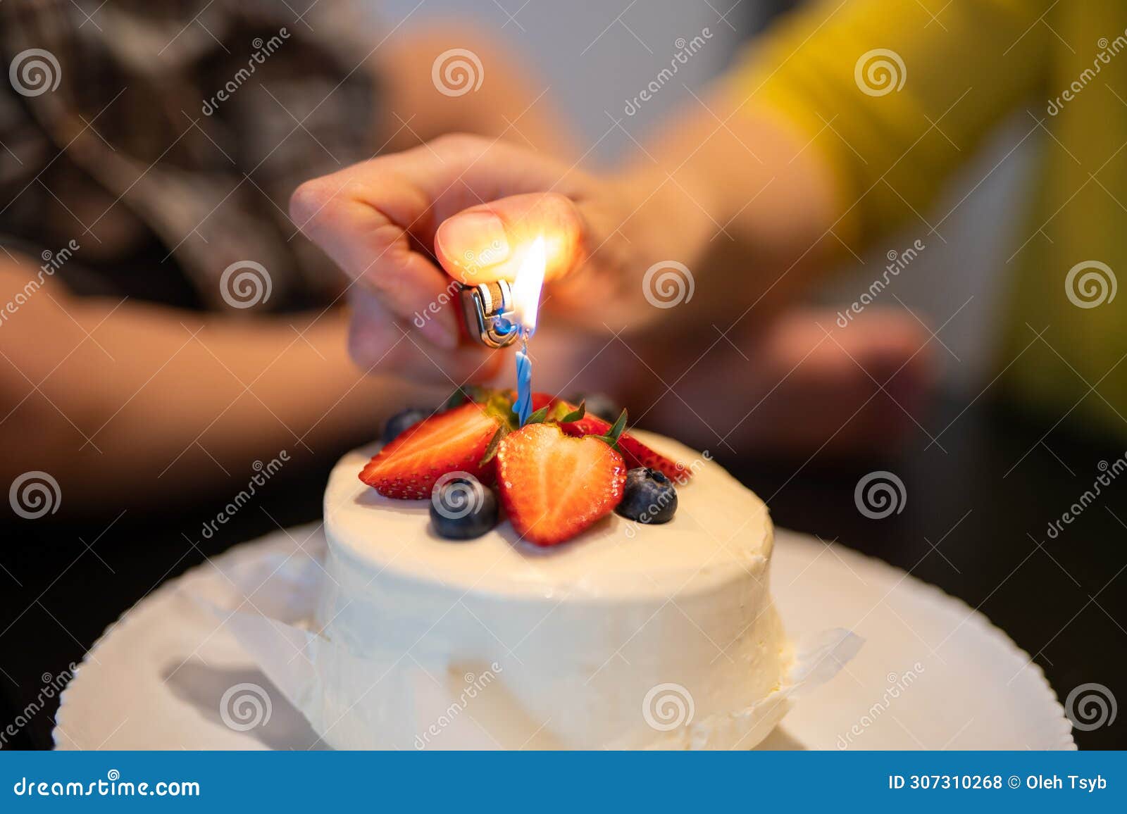 Decorated Birthday Fruit Cake Lighting a Candle Stock Photo - Image of ...